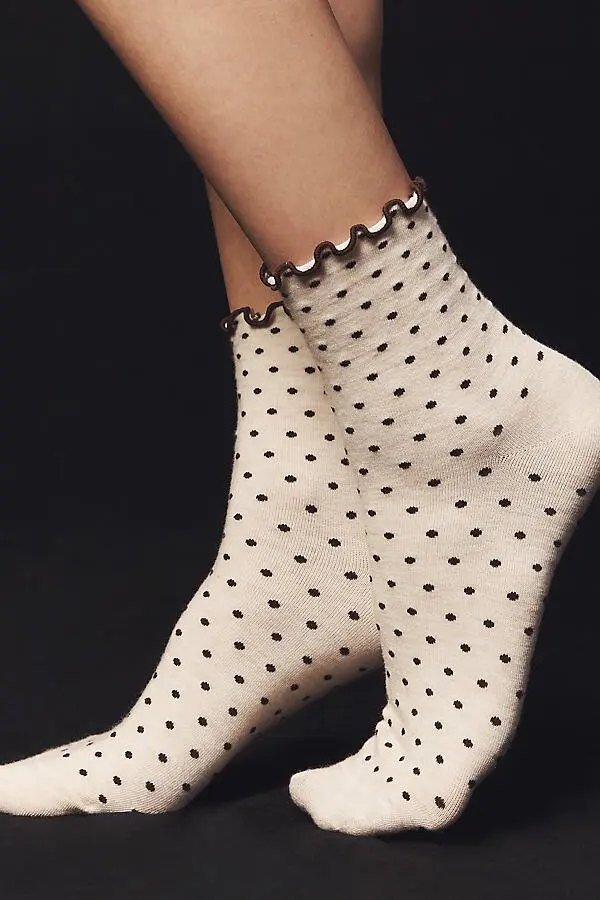 Anthropologie Merino Ruffle Crew Socks, Set Of 2 - Brown/cream Polka Dot