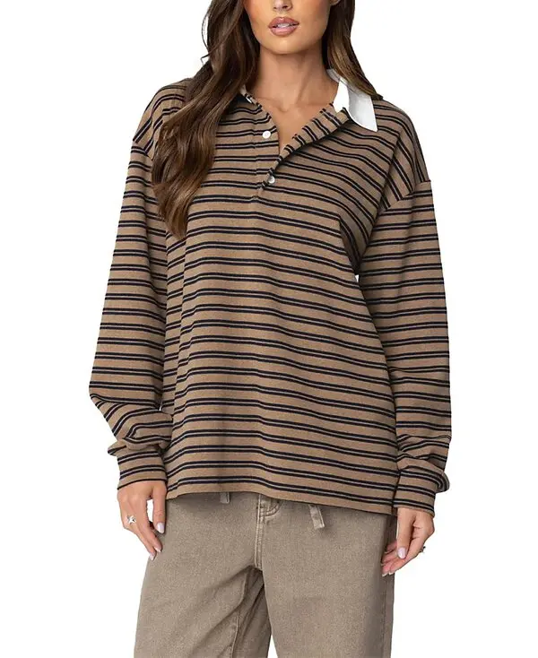 EDIKTED Stripey Oversized Collared Shirt - Brown