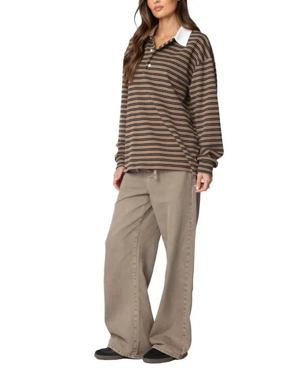 EDIKTED Stripey Oversized Collared Shirt - Brown