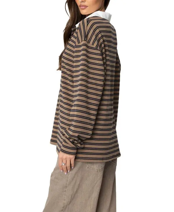 EDIKTED Stripey Oversized Collared Shirt - Brown