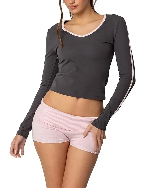 EDIKTED Contrast V-neck Long Sleeve T-shirt - Dark Gray