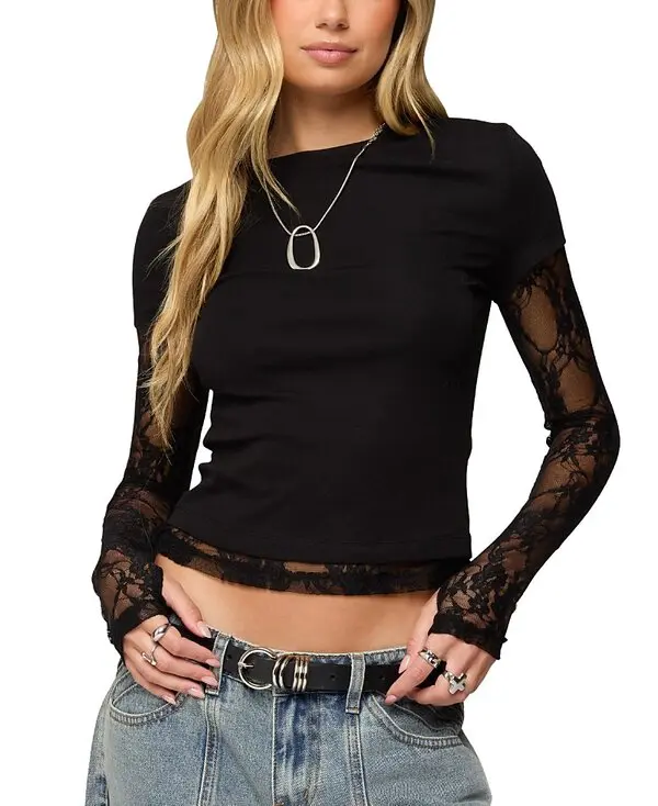 EDIKTED Layered Lace Sleeve T-shirt - Black