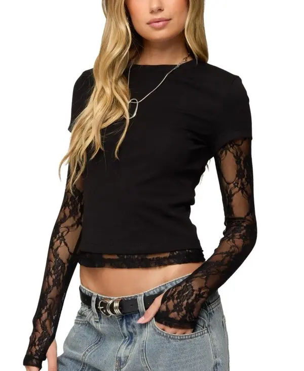 EDIKTED Layered Lace Sleeve T-shirt - Black