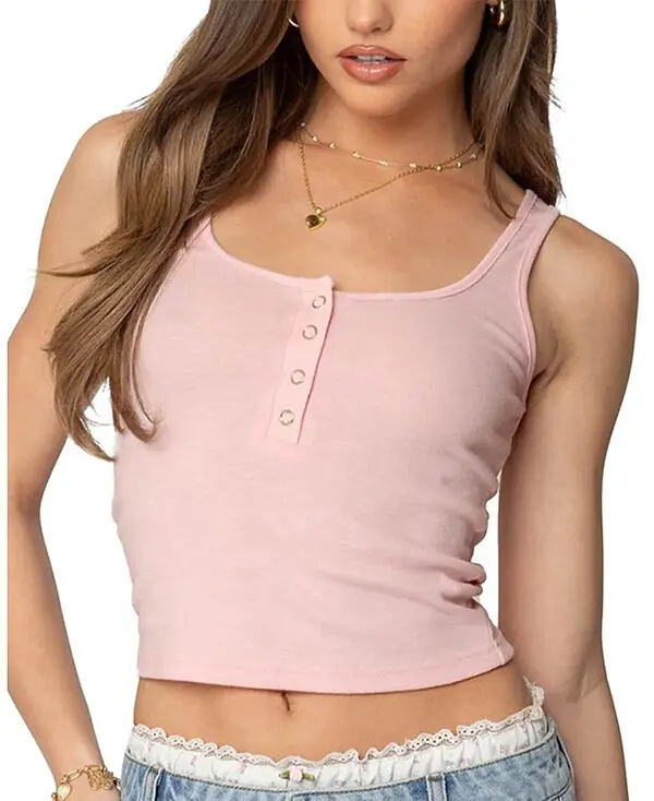 EDIKTED Tiana Henley Tank Top - Pink