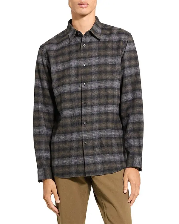 Theory Irving Button Down In Soft Plaid Cotton - Duffle Melange