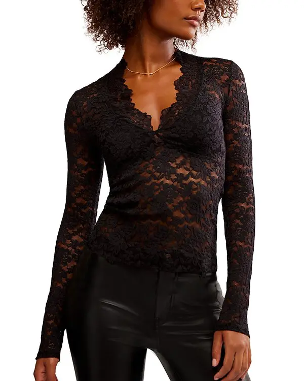 Free People Lace Long Sleeve Top - Black