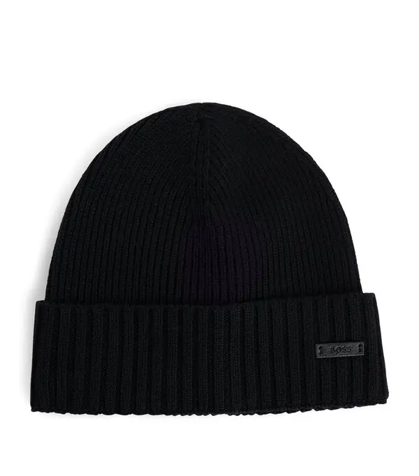BOSS Virgin Wool Beanie With Logo - Black
