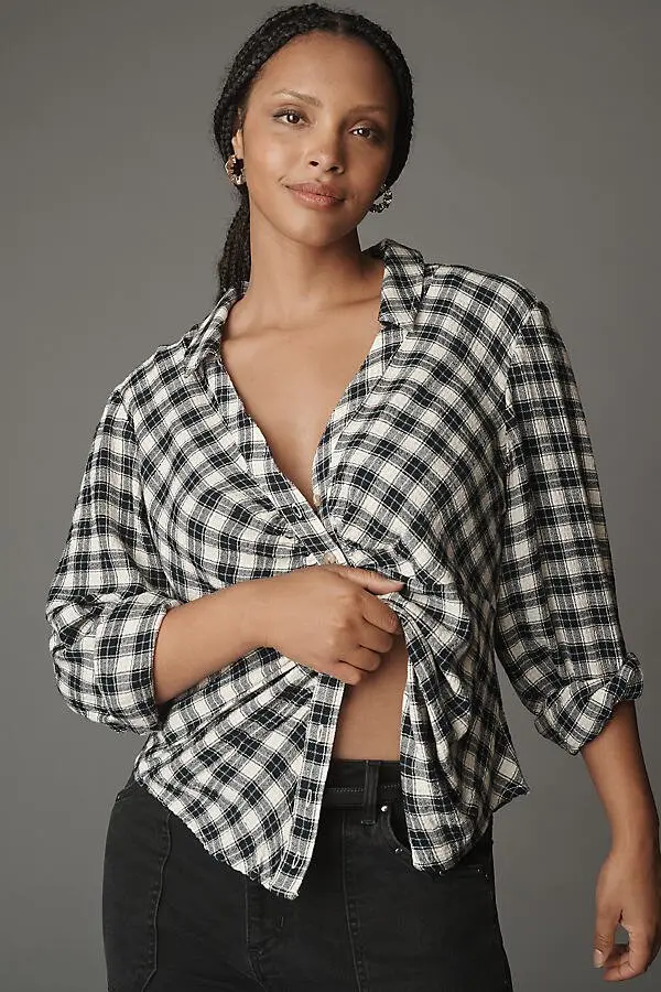 PILCRO The Keaton Ruched Collared Blouse - Black/white Plaid