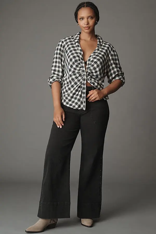 PILCRO The Keaton Ruched Collared Blouse - Black/white Plaid