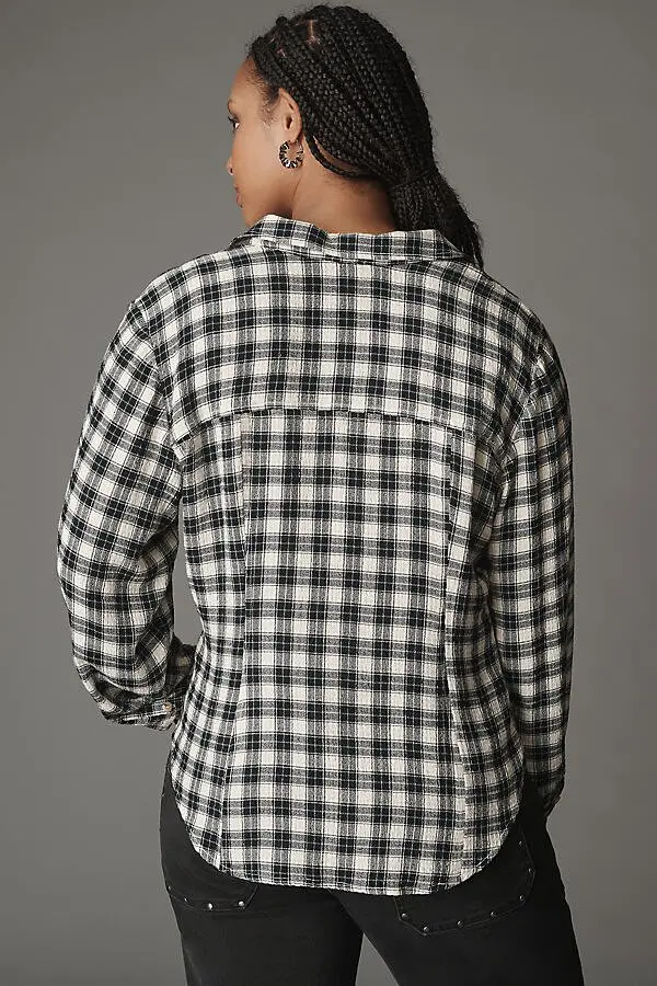 PILCRO The Keaton Ruched Collared Blouse - Black/white Plaid