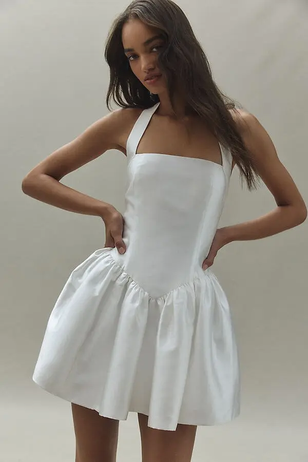 drop waist mini white dress Vestido Mini Rue Pleated Drop Waist - Crema