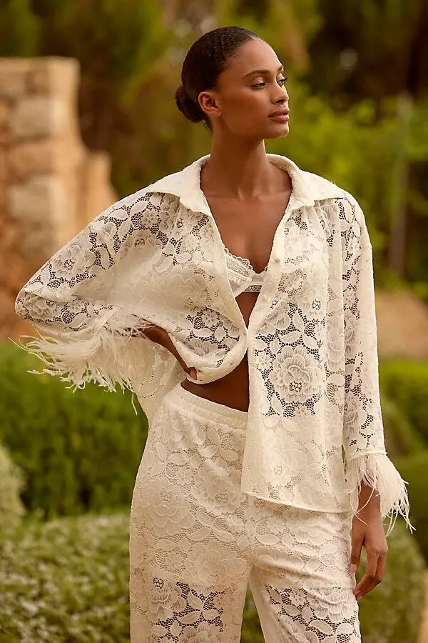 HUTCH Faux-feather Trim Lace Pajama Set