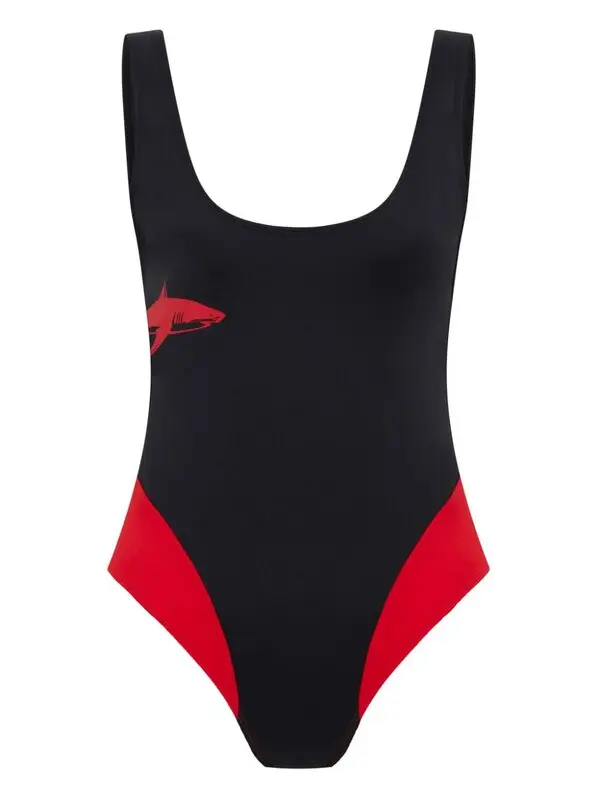 LET'S SWIM Shark Print One Piece Swimsuit - Black
