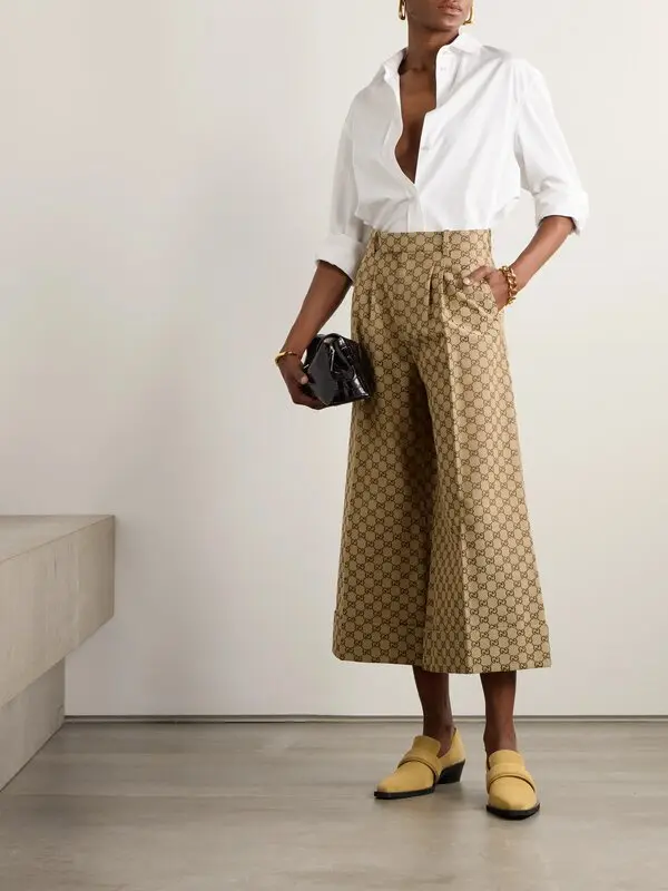 Gucci Cropped Pleated Cotton-Blend Canvas-Jacquard Wide-Leg Pants