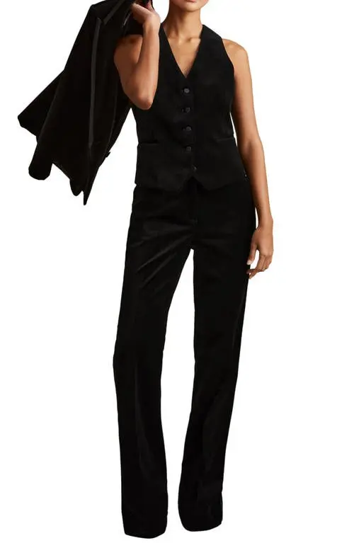 REISS Parisa Cotton Velveteen Wide Leg Pants - Black