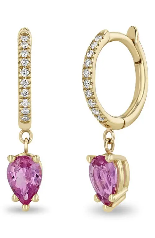 Zoe Chicco Diamond And Pink Sapphire Drop Hoop Earrings - 14k Yellow Gold