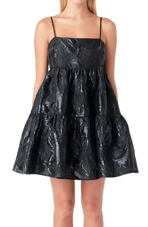 Endless Rose Metallic Floral Jacquard Tiered Minidress - Black