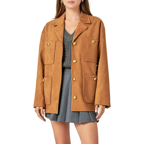 English Factory Padded Shoulder Faux Suede Jacket - Camel