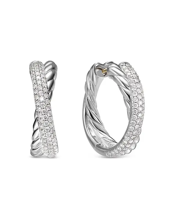David Yurman Sterling And Diamond Crossover Hoop Earrings - Silver