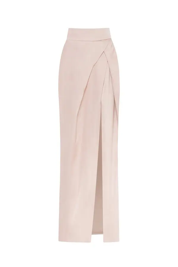 MILLA High-waisted Maxi Satin Skirt With Slit - Beige