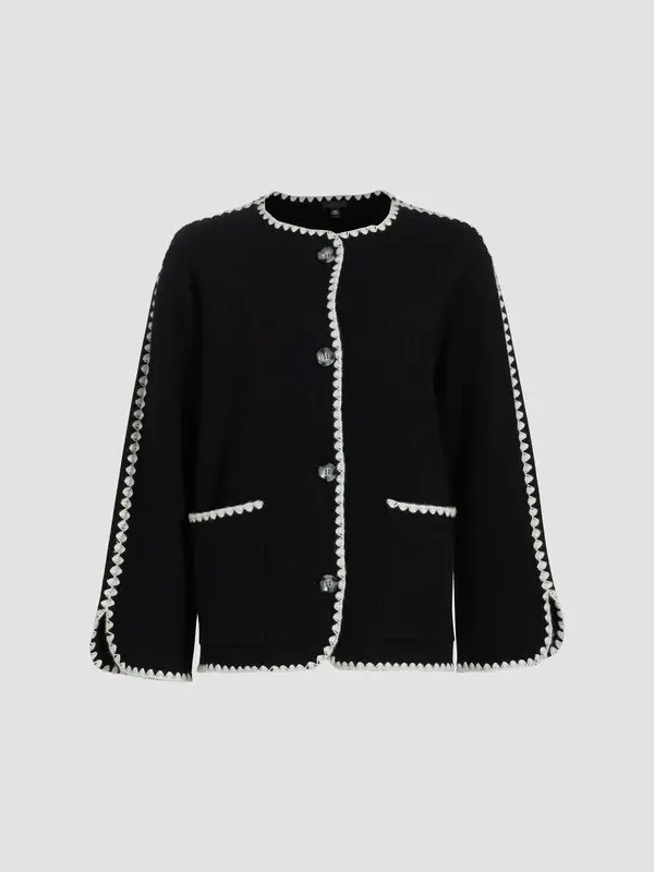SAKS FIFTH AVENUE Whipstitch-trim Cashmere Cardigan - Black Frost White