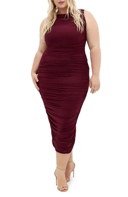 City Chic Halo Sleeveless Ruched Mesh Dress - Dark Cherry