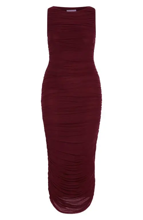 City Chic Halo Sleeveless Ruched Mesh Dress - Dark Cherry