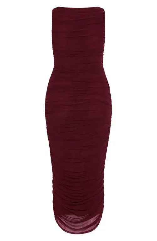 City Chic Halo Sleeveless Ruched Mesh Dress - Dark Cherry