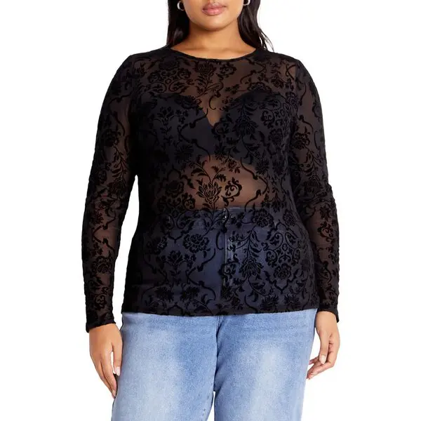 City Chic Sienna Velvet Floral Mesh Top - Black