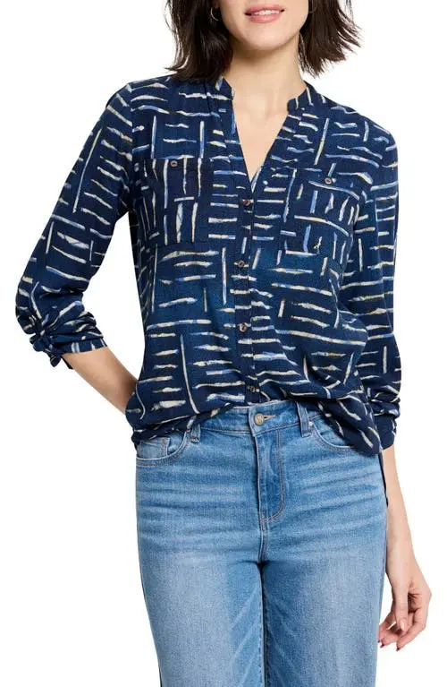 NIC+ZOE Indigo Dash Geometric Print Long Sleeve Shirt