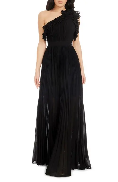 Dress The Population Vida One-shoulder Pleated Chiffon Gown - Black