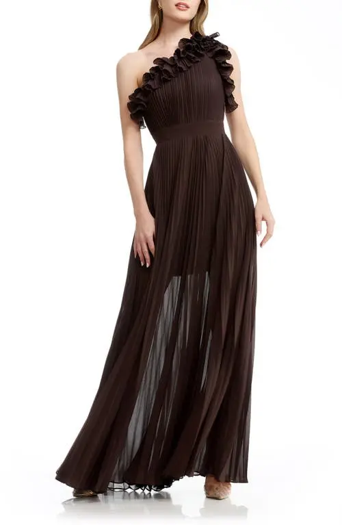 Dress The Population Vida One-shoulder Pleated Chiffon Gown - Mocha