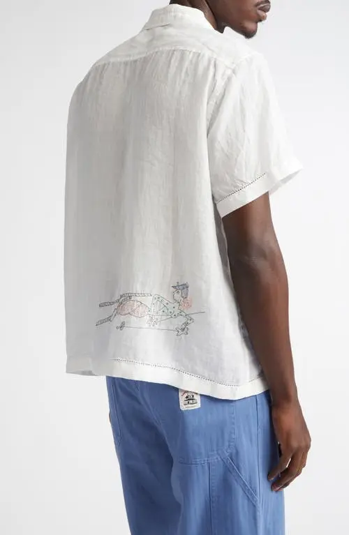 BODE Skiers Embroidered Linen Camp Shirt - White Multi