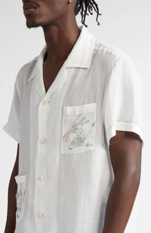 BODE Skiers Embroidered Linen Camp Shirt - White Multi