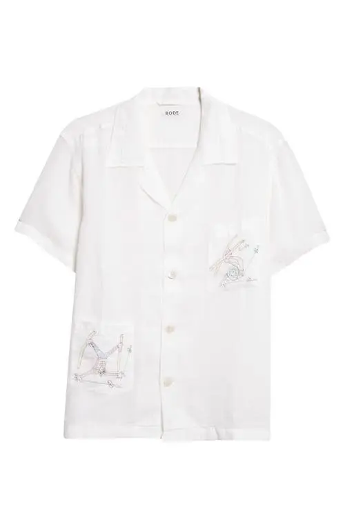 BODE Skiers Embroidered Linen Camp Shirt - White Multi