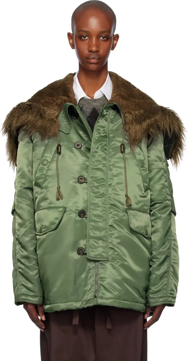 Open Yy Oversized Faux-Fur Hood Puffer Jacket In Khaki - 54