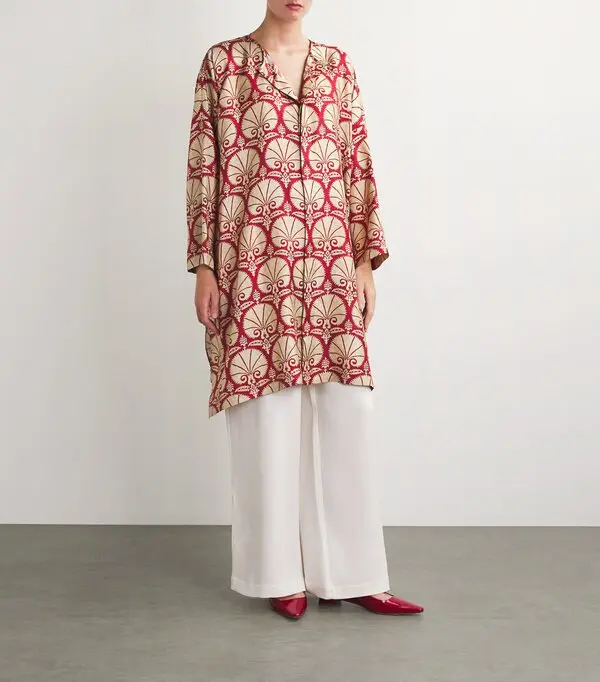 Eskandar Printed Silk Longline Shirt - Red