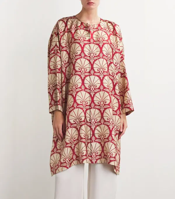Eskandar Printed Silk Longline Shirt - Red