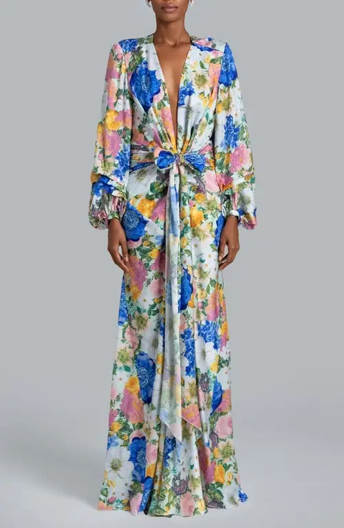 GHRAIL Millie Tie Belt Long Sleeve Satin Gown