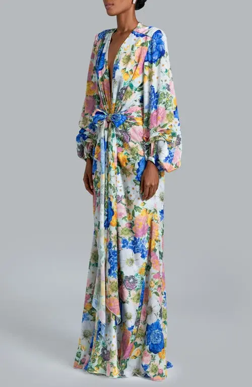 GHRAIL Millie Tie Belt Long Sleeve Satin Gown