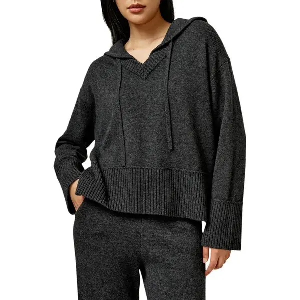 Lilysilk Wool-cashmere Blend V-neck Hoodie - Dark Gray