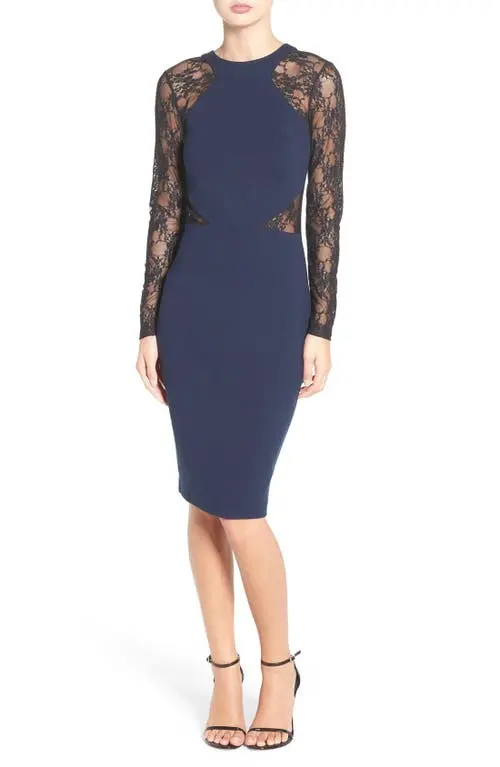 French Connection Viven' Lace Long Sleeve Sheath Dress - Nocturnal/Black |  Editorialist