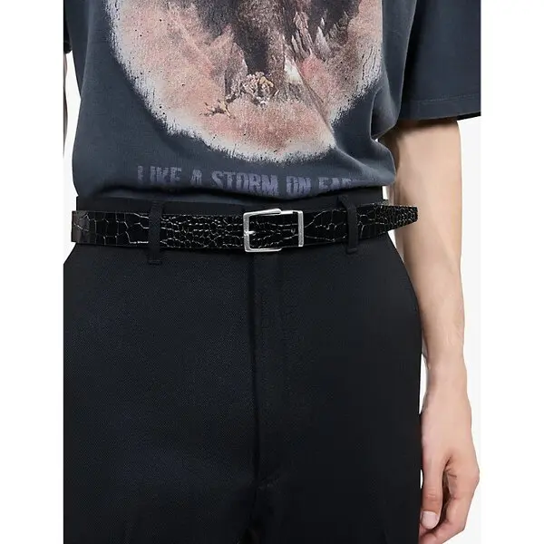 THE KOOPLES French Luxury Black Croc-Embossed Belt with Engraved Silver Buckle The Kooples | Accessories | The Kooples Black Crocembossed  main image 4