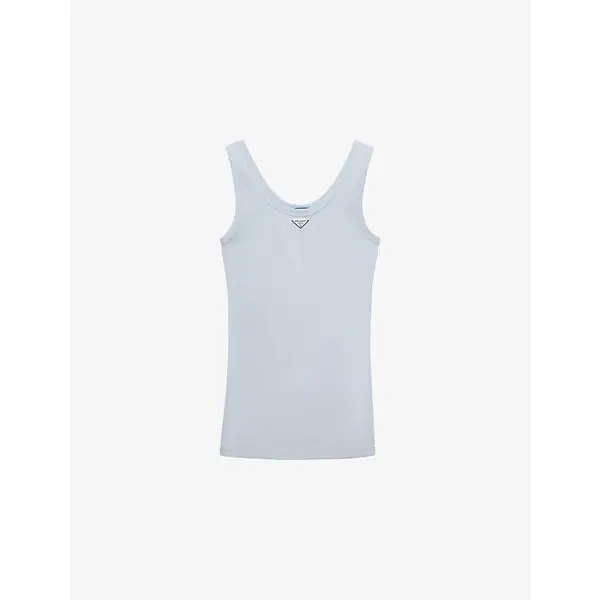 Prada Ribbed Knit Top With Enamelled Logo - Light Blue