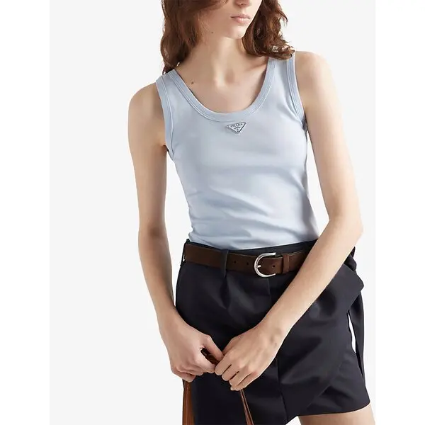 Prada Ribbed Knit Top With Enamelled Logo - Light Blue
