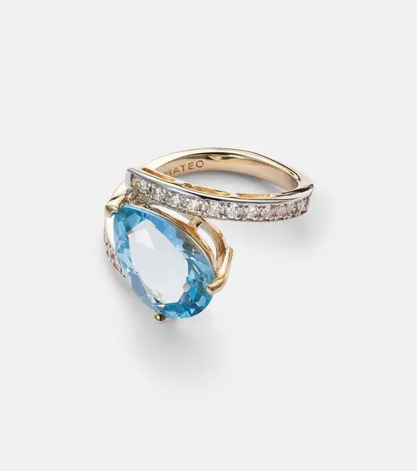 Mateo Slanted 14kt Gold Ring With Topaz And Diamonds - Yellow
