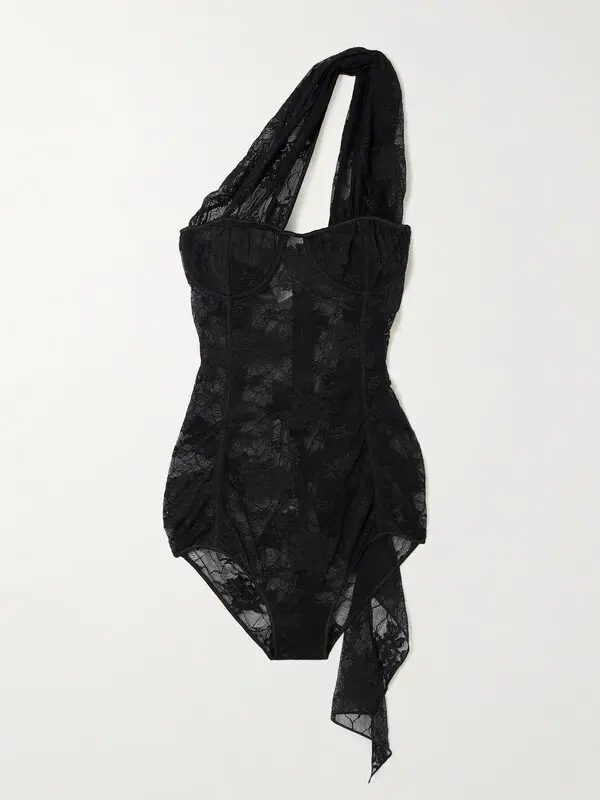 Oseree One-shoulder Draped Lace Bodysuit