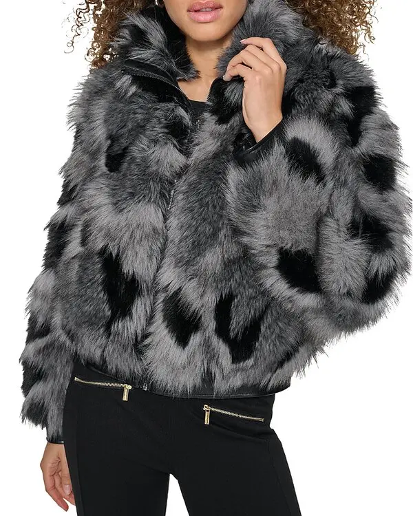 Karl Lagerfeld Paris Faux Fur Coat - Grey Multi