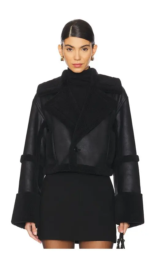 Tularosa Faux Leather Cropped Jacket With Faux Fur Trim - Black