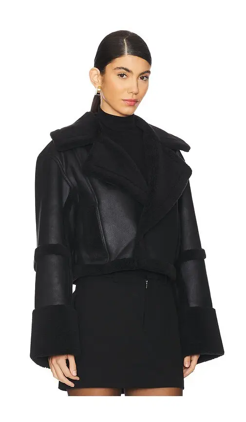 Tularosa Faux Leather Cropped Jacket With Faux Fur Trim - Black